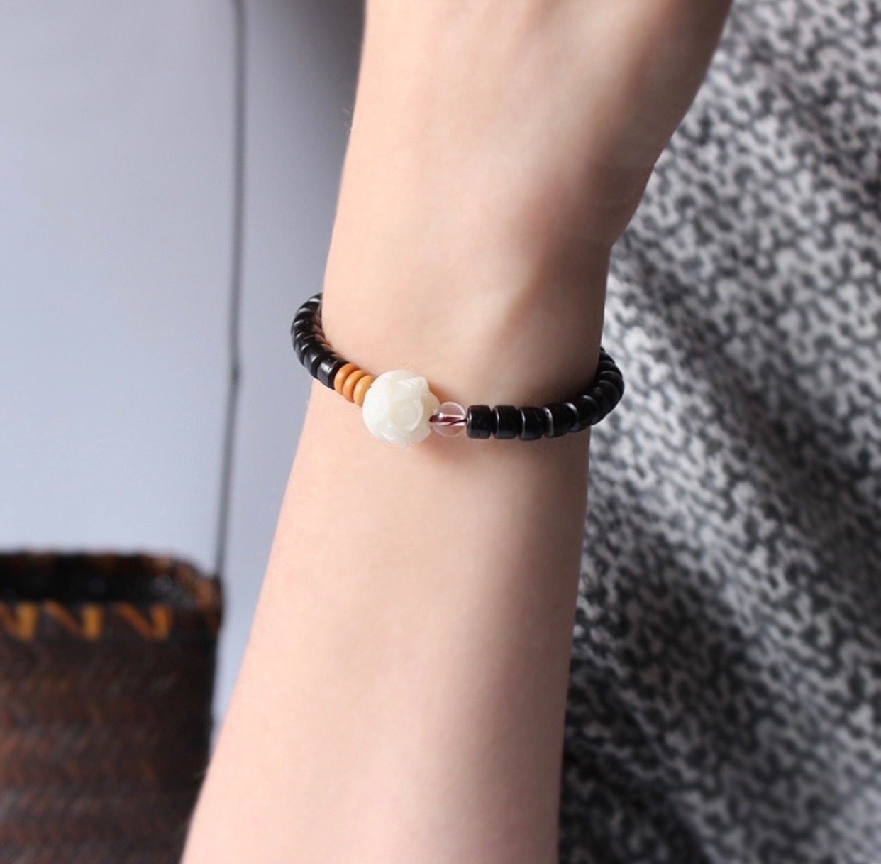 Women Charm Beaded Bracelet , Coconut Shell Beads , White Body Carved ...